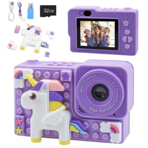 kids camera for boys and girls, children digital video toy camera with unicorn silicone building blocks, selfie camera for kids, christmas birthday festival gifts for age above 6 with 32gb sd card