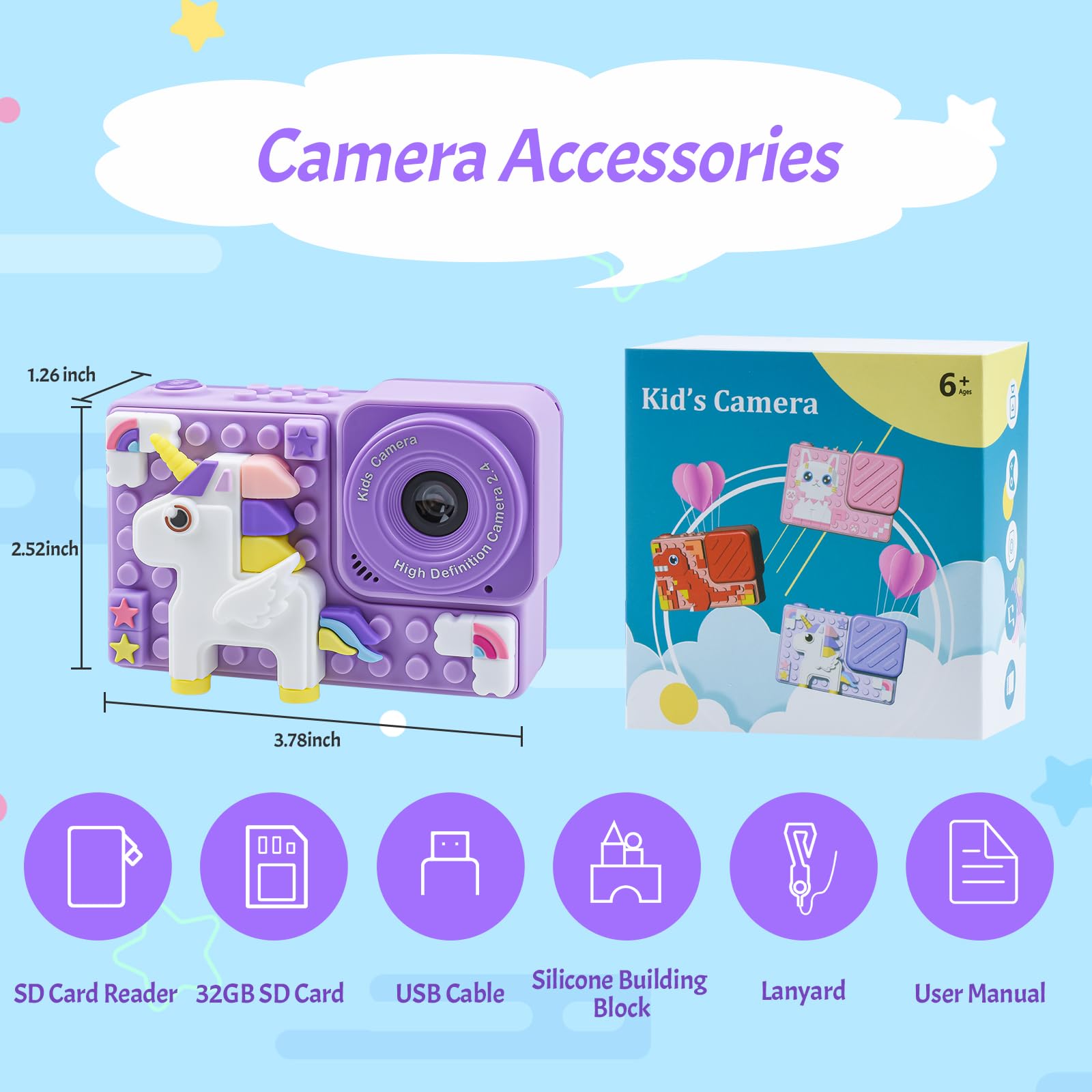 Kids Camera for Boys and Girls, Children Digital Video Toy Camera with Unicorn Silicone Building Blocks, Selfie Camera for Kids, Christmas Birthday Festival Gifts for Age above 6 with 32GB SD Card