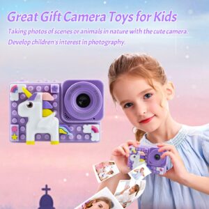 Kids Camera for Boys and Girls, Children Digital Video Toy Camera with Unicorn Silicone Building Blocks, Selfie Camera for Kids, Christmas Birthday Festival Gifts for Age above 6 with 32GB SD Card