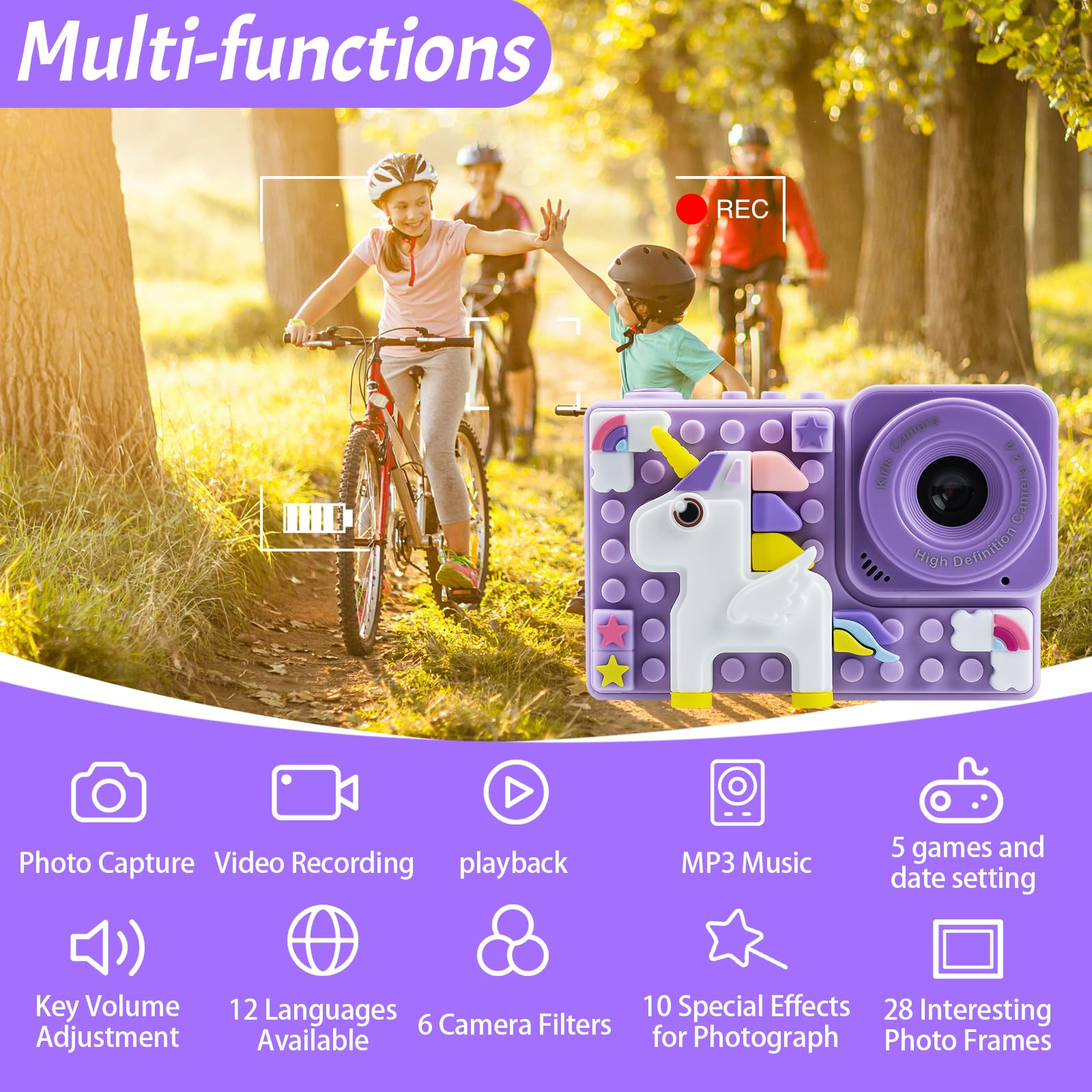 Kids Camera for Boys and Girls, Children Digital Video Toy Camera with Unicorn Silicone Building Blocks, Selfie Camera for Kids, Christmas Birthday Festival Gifts for Age above 6 with 32GB SD Card