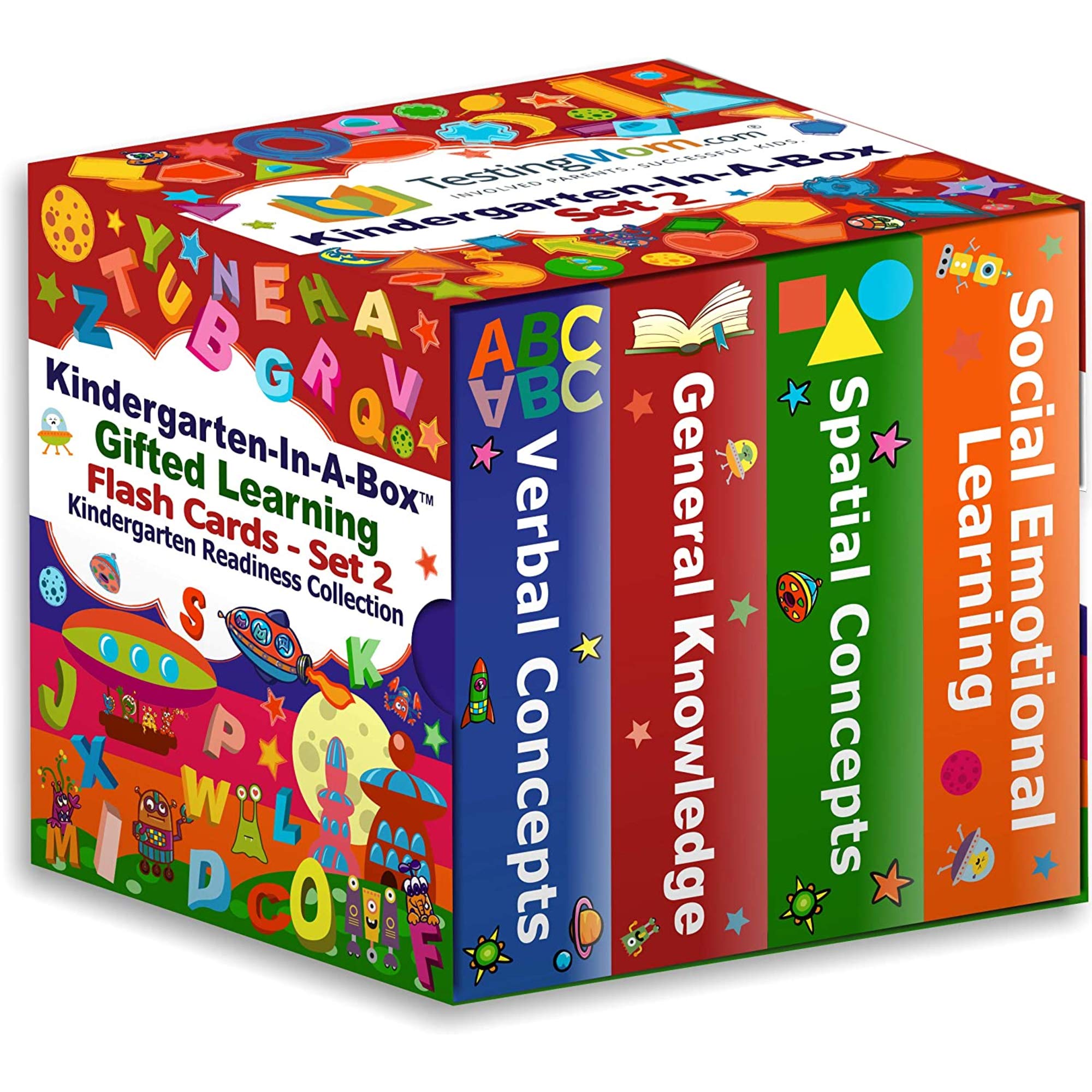 TestingMom.com Kindergarten-In-A-Box - Gifted Learning Flash Cards Bundle (Set 2) - General Knowledge, Verbal, Spatial, Social Emotional Learning - Gifted and Talented Test Prep for CogAT, WPPSI, NNAT