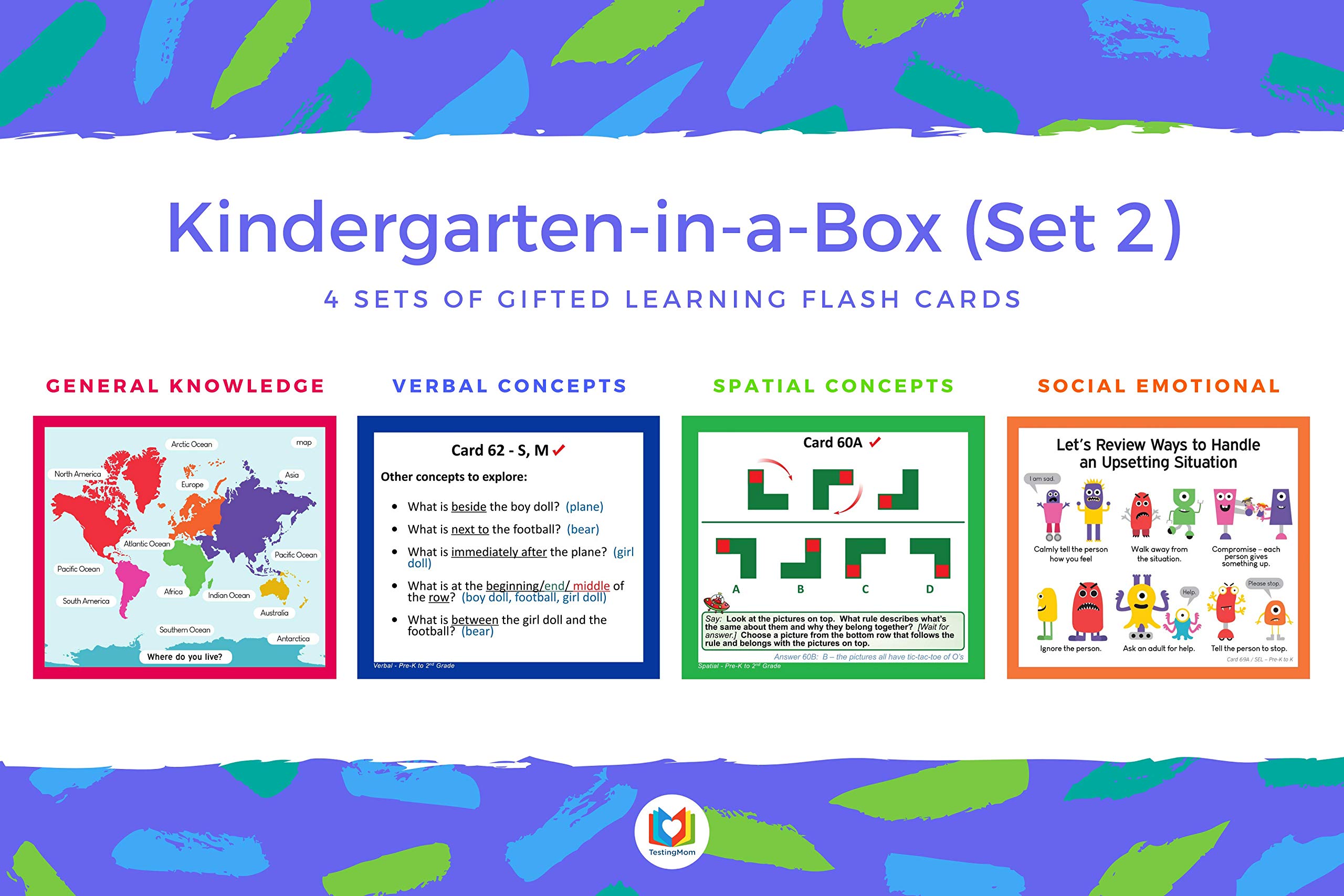 TestingMom.com Kindergarten-In-A-Box - Gifted Learning Flash Cards Bundle (Set 2) - General Knowledge, Verbal, Spatial, Social Emotional Learning - Gifted and Talented Test Prep for CogAT, WPPSI, NNAT