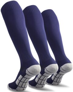 cwvlc boy's soccer socks 3 pairs youth softball sport team athletic knee high long tube cotton compression socks navy blue small (3y-5y youth/ 4-6 women)