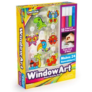 creative kids window paint art kit – make your own suncatchers set – 24 sun catchers, 24 suction cups & 11 paints – suncatchers for kids to paint - diy window & mirror arts & crafts kit children