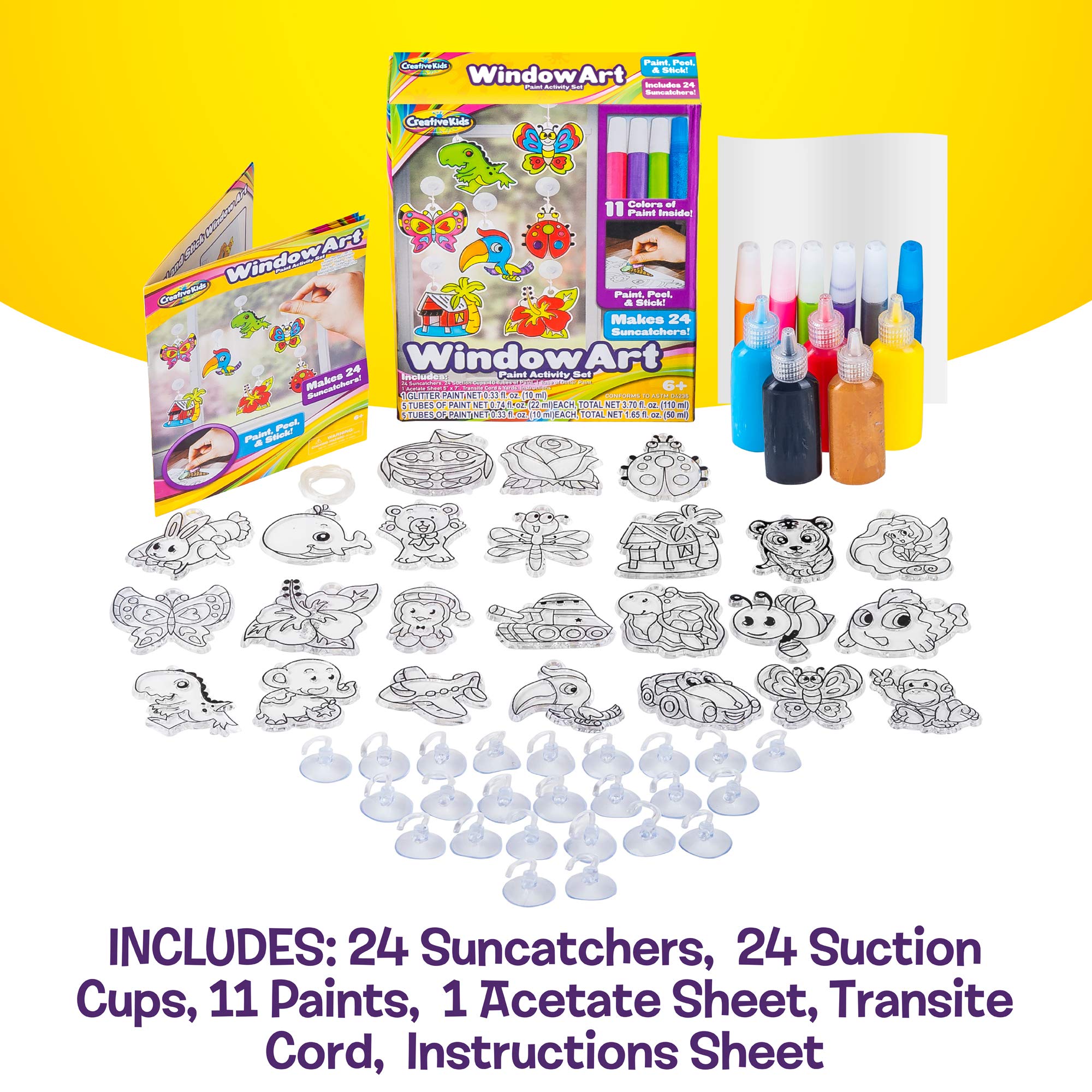 Creative Kids Window Paint Art Kit – Make Your Own Suncatchers Set – 24 Sun Catchers, 24 Suction Cups & 11 Paints – Suncatchers for Kids to Paint - DIY Window & Mirror Arts & Crafts Kit Children