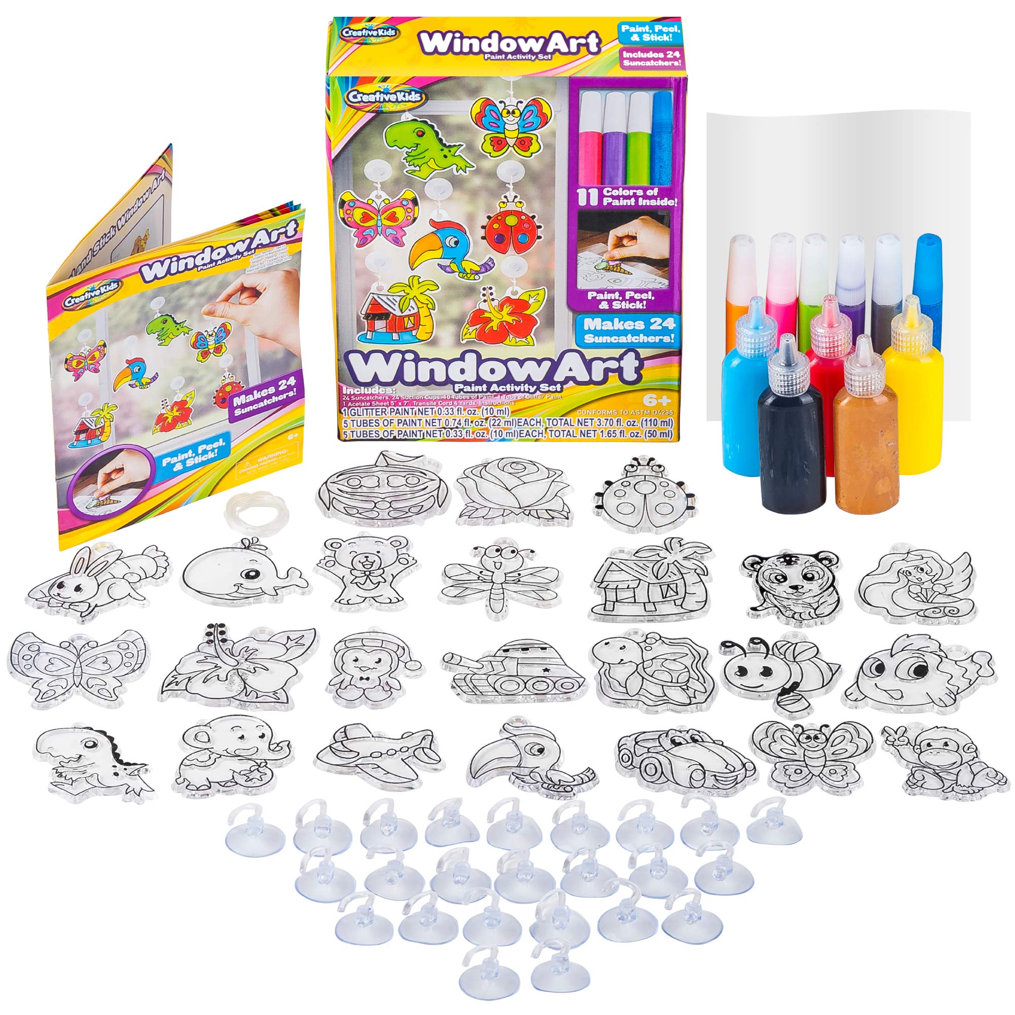 Creative Kids Window Paint Art Kit – Make Your Own Suncatchers Set – 24 Sun Catchers, 24 Suction Cups & 11 Paints – Suncatchers for Kids to Paint - DIY Window & Mirror Arts & Crafts Kit Children