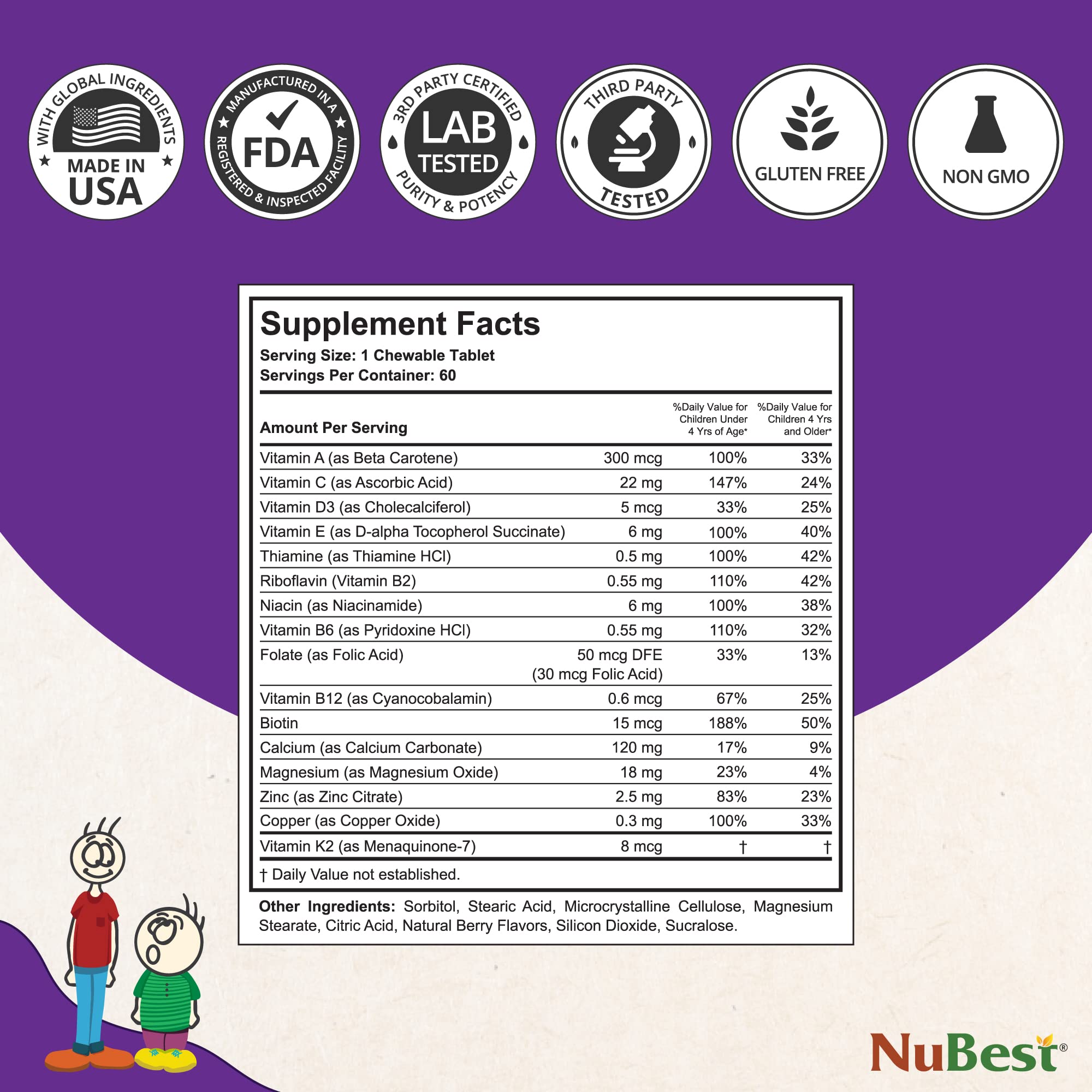 NuBest Tall Kids - Toddlers Vitamins & Kids Vitamins for Age 2 to 9 - Bone Strength & Immunity Support - Helps Kids, Toddlers Healthy - Animal Shapes - 60 Chewable Berry Tablets | 1 Month Supply