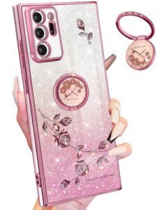 coralogo (3in1 for samsung galaxy note 20 ultra case glitter sparkly for women girls bling shiny phone cover cute flowers floral unique design with ring pretty cases for galaxy note 20 ultra 5g 6.9''