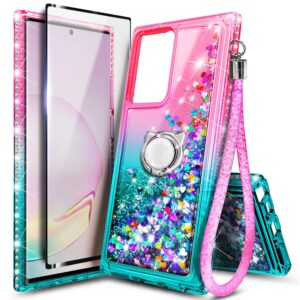 ngb samsung galaxy note 20 ultra case with screen protector (maximum coverage, flexible tpu film), ring holder, girls women liquid bling sparkle fashion glitter clear cute case (pink/aqua)