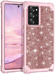 pandawell for galaxy note 20 ultra case glitter sparkly bling heavy duty hybrid sturdy high impact shockproof protective cover case for samsung galaxy note 20 ultra 5g 6.9 inch, shiny rose gold