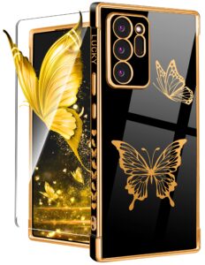 coralogo for samsung galaxy note 20 ultra case butterfly for women girls girly pretty cute black phone cases gold plating butterflies design with screen aesthetic cover for note 20 ultra 5g 6.9"