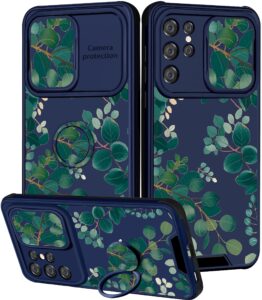 goocrux (2in1 for samsung galaxy s21 ultra case floral for women girls girly phone cover cute leaves plants design with slide camera cover+ring holder fashion unique green cases for s21 ultra 6.8''