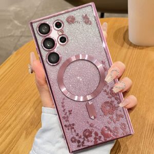 lsl magnetic case for samsung galaxy s23 ultra with camera protection [compatible with magsafe][strong magnetic] luxury plating soft tpu shockproof glitter flower phone case for women girls, pink