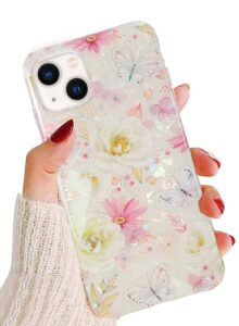 j.west iphone 13 case 6.1 inch,luxury sparkle glitter translucent soft clear colorful opal pearly thinfoil design shiny floral print silicone cover for women girls slim tpu protective phone case