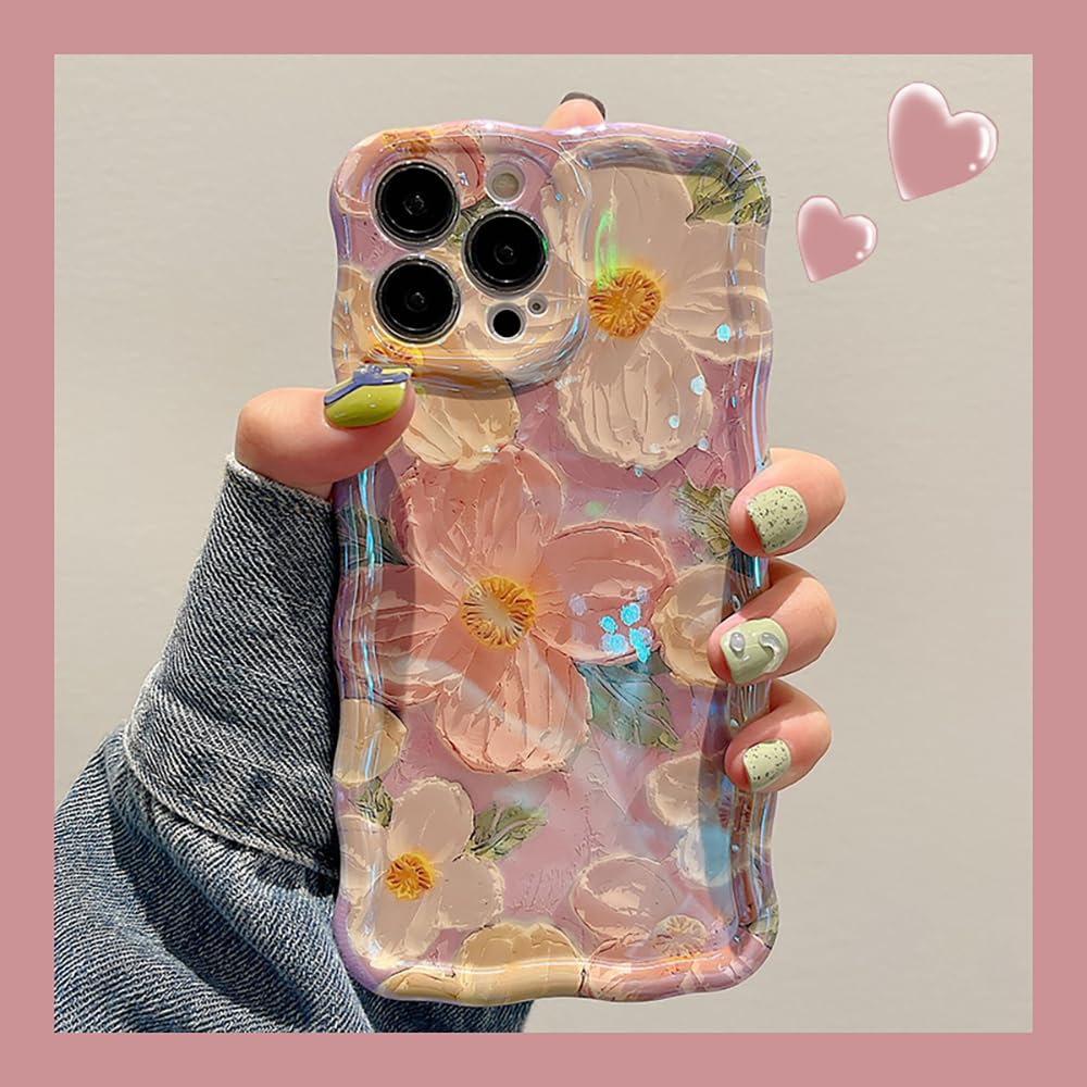 EYZUTAK Case for iPhone 13, Colorful Retro Oil Painting Printed Flower Laser Beam Glossy Pattern Cute Curly Waves Border Exquisite Phone Cover Stylish Durable TPU Protective Case for Girls Women -Pink