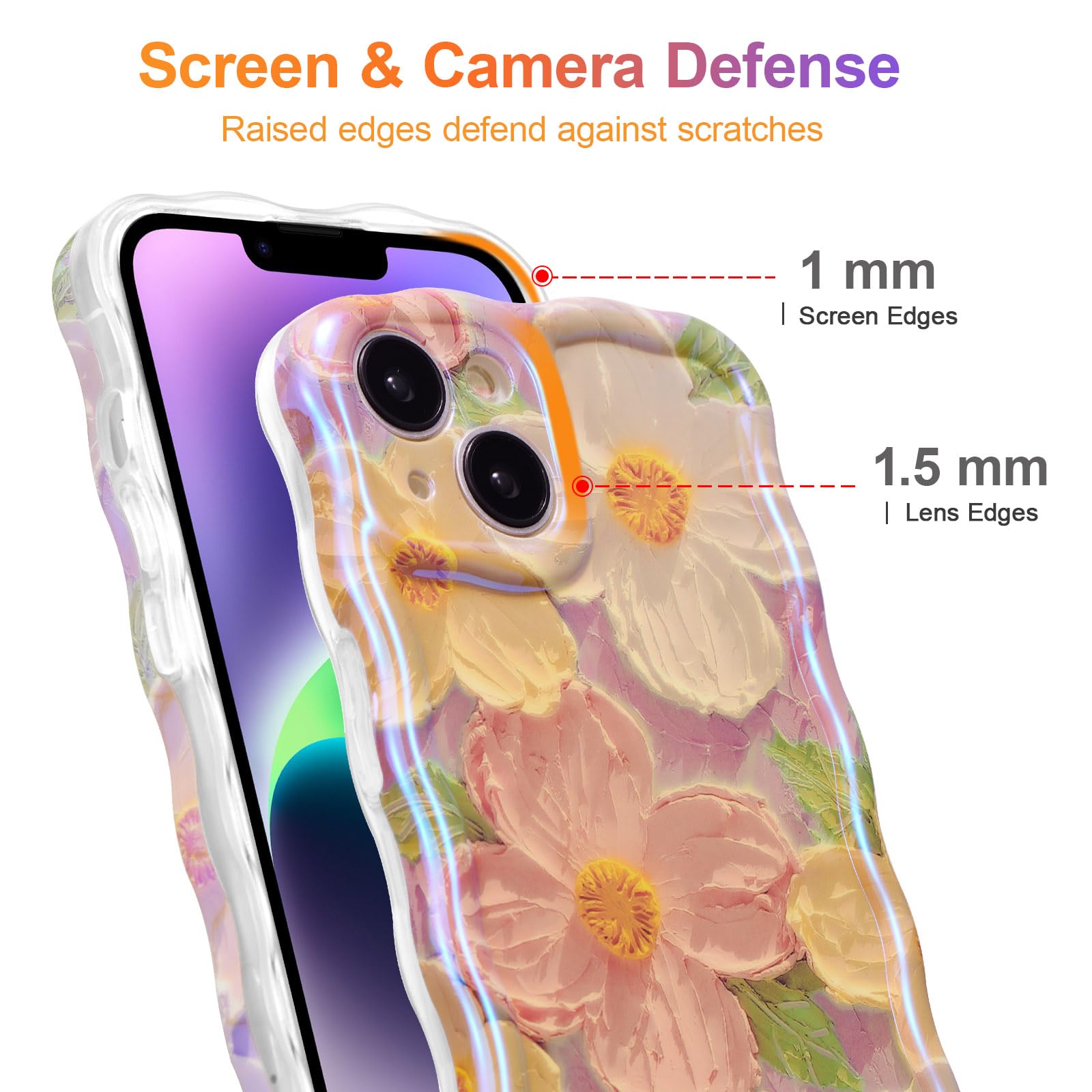 EYZUTAK Case for iPhone 13, Colorful Retro Oil Painting Printed Flower Laser Beam Glossy Pattern Cute Curly Waves Border Exquisite Phone Cover Stylish Durable TPU Protective Case for Girls Women -Pink