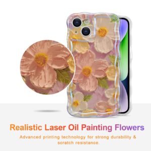 EYZUTAK Case for iPhone 13, Colorful Retro Oil Painting Printed Flower Laser Beam Glossy Pattern Cute Curly Waves Border Exquisite Phone Cover Stylish Durable TPU Protective Case for Girls Women -Pink