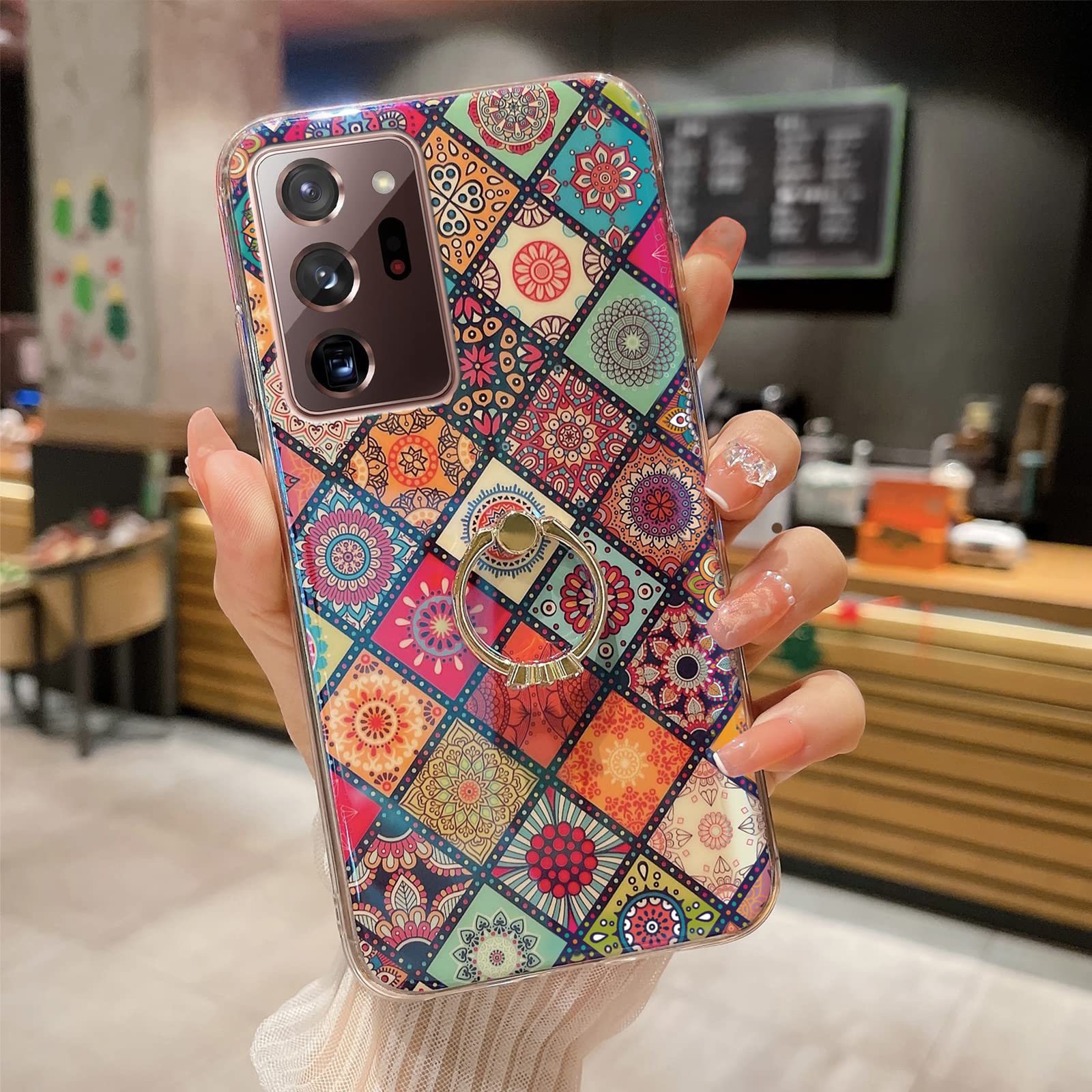 Case for Samsung Galaxy Note 20 Ultra (6.9-inch) Girls Women Cute Floral Slim Shockproof Protection Cover with Gold Ring Stand Mandala Ethnic Style Phone Case