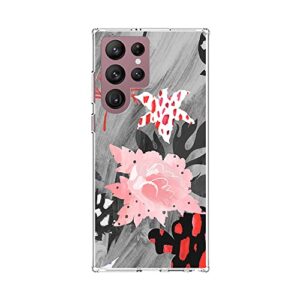 faboho elegant pink blooming floral phone cases for samsung galaxy note20 ultra 6.9'' for women girls, grey ground and flower print tpu bumper clear custom shock-resistant cover, galaxy note 20 ultra