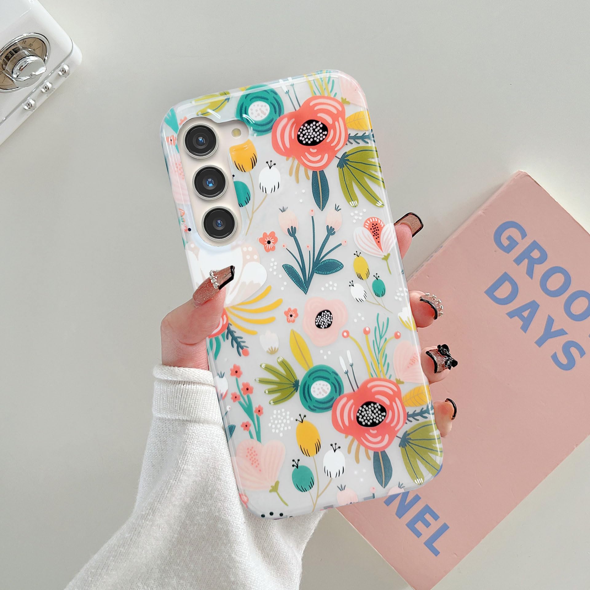 J.west Designed for Samsung Galaxy S23 Plus Case 5G 6.6", Soft Frosted Clear Case with Flower Cute Silicone Cover Elegant Floral Print Durable Slim Protective Phone Case for Women Girls