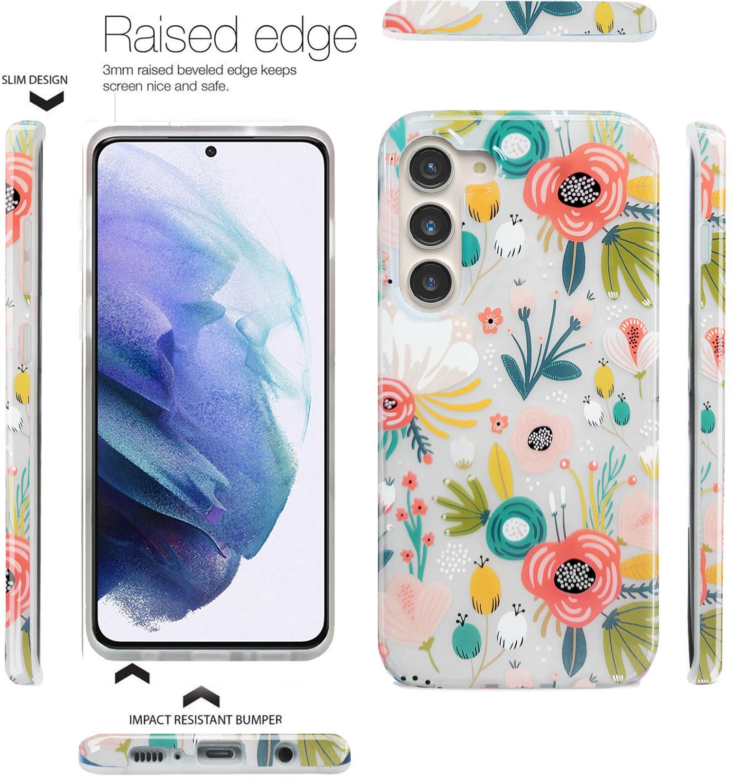 J.west Designed for Samsung Galaxy S23 Plus Case 5G 6.6", Soft Frosted Clear Case with Flower Cute Silicone Cover Elegant Floral Print Durable Slim Protective Phone Case for Women Girls