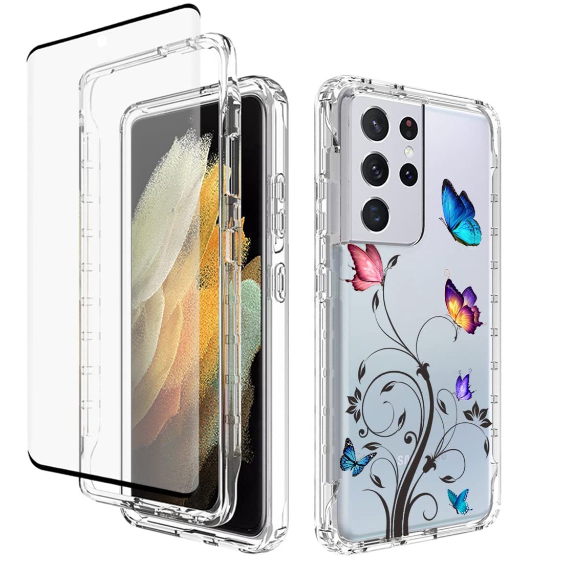 Vavies Case for Galaxy S21 Ultra 5G Case, SM-G998U Case with Tempered Glass Screen Protector, Full Body Clear with Floral Protection Phone Cover Cases for Samsung Galaxy S21 Ultra 5G (Butterfly Tree)