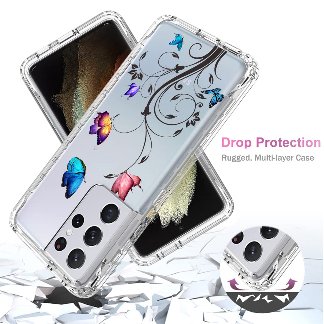 Vavies Case for Galaxy S21 Ultra 5G Case, SM-G998U Case with Tempered Glass Screen Protector, Full Body Clear with Floral Protection Phone Cover Cases for Samsung Galaxy S21 Ultra 5G (Butterfly Tree)