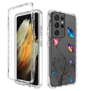 Vavies Case for Galaxy S21 Ultra 5G Case, SM-G998U Case with Tempered Glass Screen Protector, Full Body Clear with Floral Protection Phone Cover Cases for Samsung Galaxy S21 Ultra 5G (Butterfly Tree)