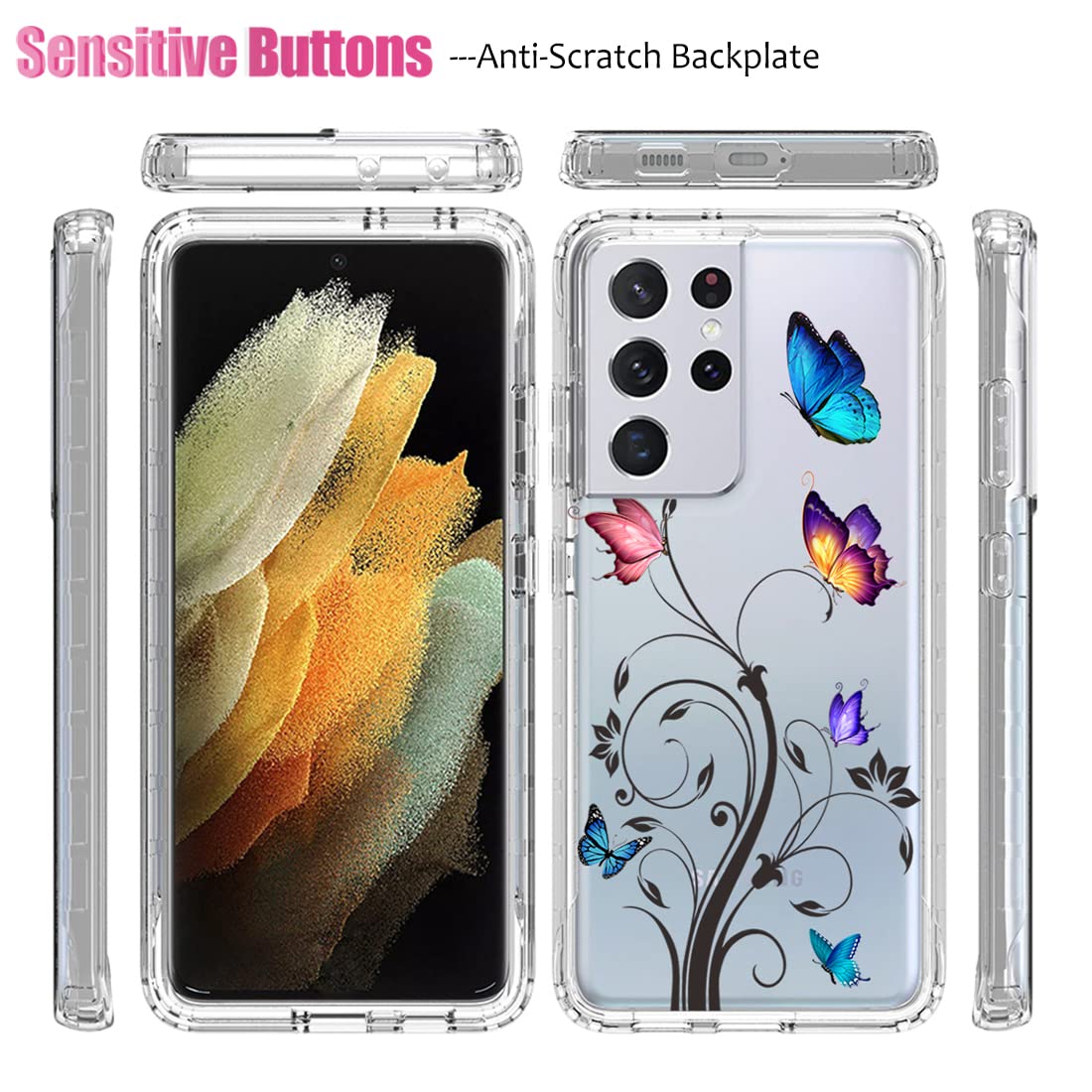 Vavies Case for Galaxy S21 Ultra 5G Case, SM-G998U Case with Tempered Glass Screen Protector, Full Body Clear with Floral Protection Phone Cover Cases for Samsung Galaxy S21 Ultra 5G (Butterfly Tree)