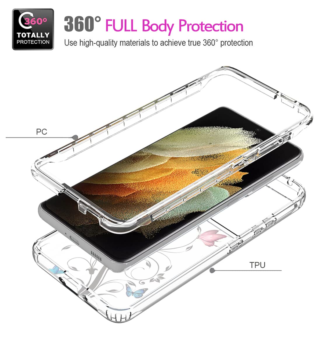 Vavies Case for Galaxy S21 Ultra 5G Case, SM-G998U Case with Tempered Glass Screen Protector, Full Body Clear with Floral Protection Phone Cover Cases for Samsung Galaxy S21 Ultra 5G (Butterfly Tree)