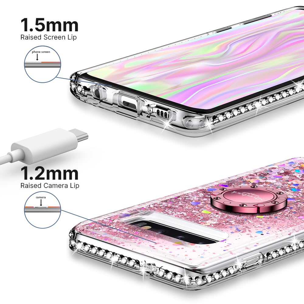 Silverback for Samsung Galaxy S10 Case, Moving Liquid Holographic Sparkle Glitter Case with Kickstand, Bling Diamond Rhinestone Bumper Ring Slim Protective Galaxy S10 Case for Girls Women - Pink