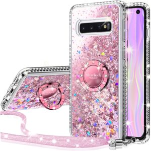 Silverback for Samsung Galaxy S10 Case, Moving Liquid Holographic Sparkle Glitter Case with Kickstand, Bling Diamond Rhinestone Bumper Ring Slim Protective Galaxy S10 Case for Girls Women - Pink