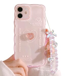 ownest compatible for iphone 11 cute 3d pink heart slim clear aesthetic design women teen girls camera lens protection phone cases cover+pink phone charm