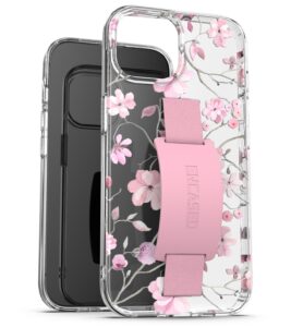 encased finger loop case, designed for iphone 15 plus (2023) hand strap clear cover with silicone grip phone holder (pink flowers)