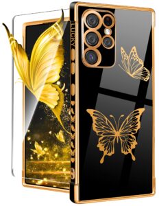 coralogo for samsung galaxy s23 ultra case butterfly for women girls girly pretty phone cases cute black and gold plating butterflies design with screen aesthetic cover for s23 ultra 2023 6.8''