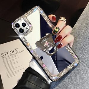 luvi compatible with iphone 15 pro max mirror bling case with ring cute glitter diamond rhinestone holder loopy finger grip kickstand stand luxury fashion cover for women girls silver