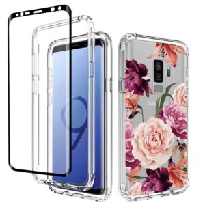 bohefo case for galaxy s9+/s9 plus g965u case with tempered glass screen protector, full body cute floral bumper shockproof protective phone case cover for samsung galaxy s9 plus (purple flower)