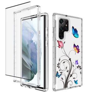 vavies case for galaxy s22 ultra case, sm-s908u case with tempered glass screen protector, full body clear with floral protection phone cover cases for samsung galaxy s22 ultra 5g (butterfly tree)