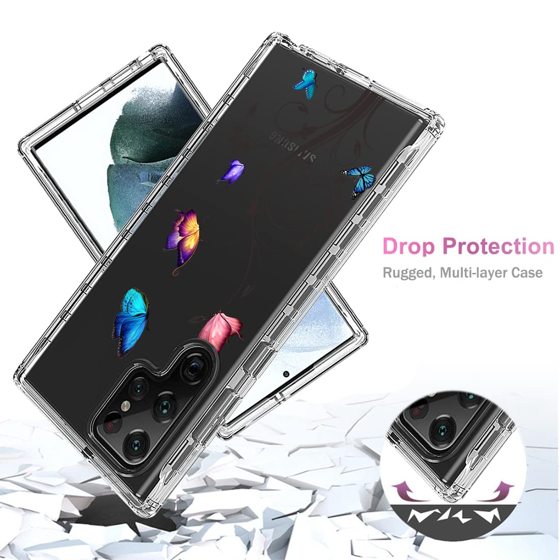 Vavies Case for Galaxy S22 Ultra Case, SM-S908U Case with Tempered Glass Screen Protector, Full Body Clear with Floral Protection Phone Cover Cases for Samsung Galaxy S22 Ultra 5G (Butterfly Tree)