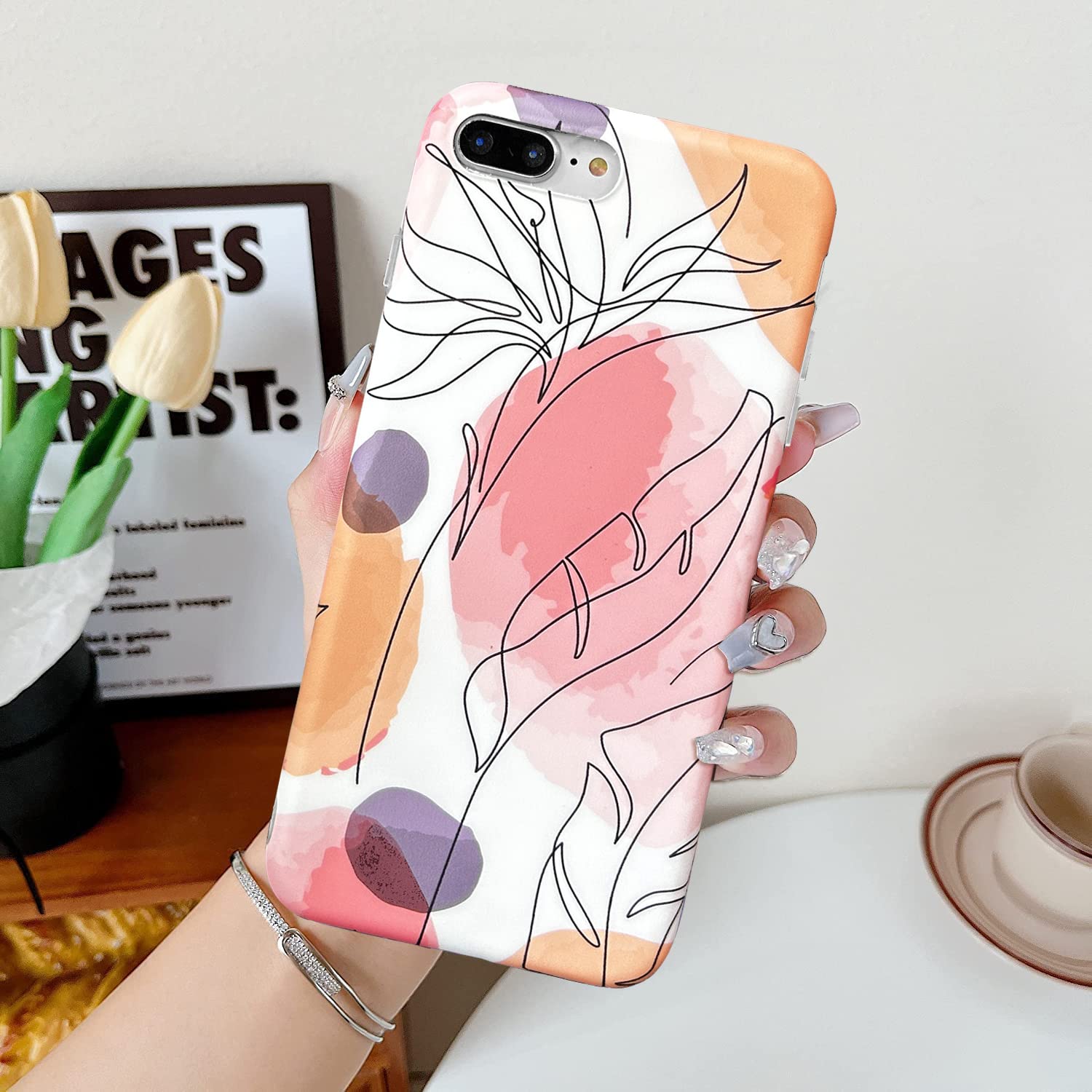 J.west iPhone 8 Plus,iPhone 7 Plus Case 5.5, Aesthetic Watercolor Minimalist Boho Abstract Prints Slim Geo Line Plant Palm Leaf Pattern Pink Soft TPU Shockproof Cover Protective Phone Case for Women