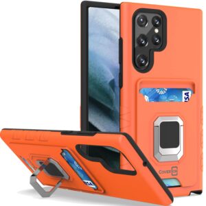 coveron designed for samsung galaxy s22 ultra case, card slot kickstand ring rugged phone cover - orange