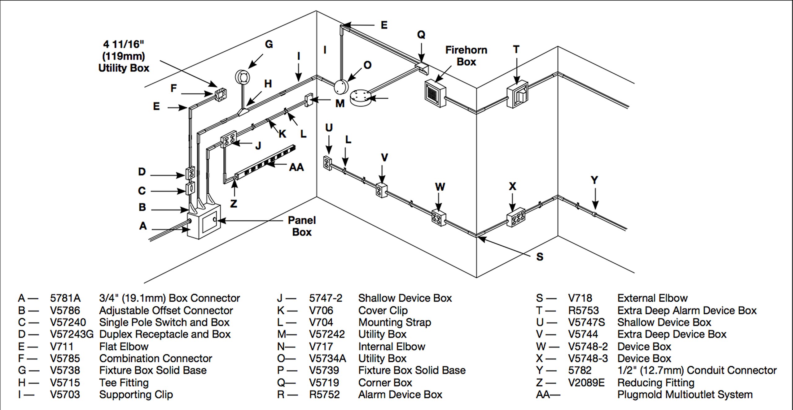 Wiremold V5747 Metal Raceway Extending Power On-Wall Shallow Switch and Receptacle Box Fitting, Legrand, Ivory