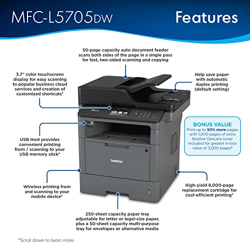 Brother Monochrome Laser All-in-One MFCL5705DW, up to 1,000 Extra Pages of Additional Toner Included in Box‡