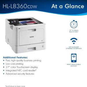 Brother HL-L8360CDW Wireless Single-Function Color Laser Printer - Print Only - USB, Ethernet, WiFi, NFC Connectivity, 2.7" Touchscreen LCD, 31 ppm, 600 x 2400 dpi, 1GB Memory, Auto Duplex Printing