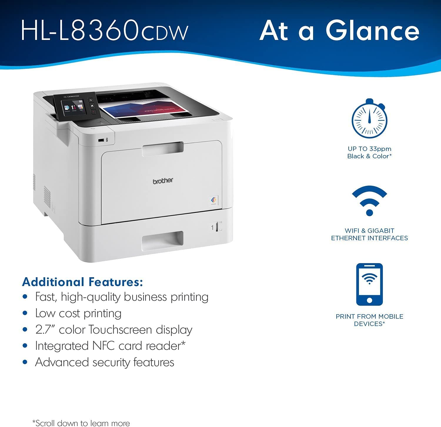 Brother HL-L8360CDW Wireless Single-Function Color Laser Printer - Print Only - USB, Ethernet, WiFi, NFC Connectivity, 2.7" Touchscreen LCD, 31 ppm, 600 x 2400 dpi, 1GB Memory, Auto Duplex Printing