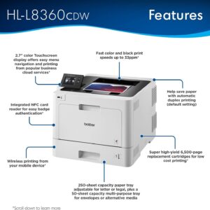 Brother HL-L8360CDW Wireless Single-Function Color Laser Printer - Print Only - USB, Ethernet, WiFi, NFC Connectivity, 2.7" Touchscreen LCD, 31 ppm, 600 x 2400 dpi, 1GB Memory, Auto Duplex Printing