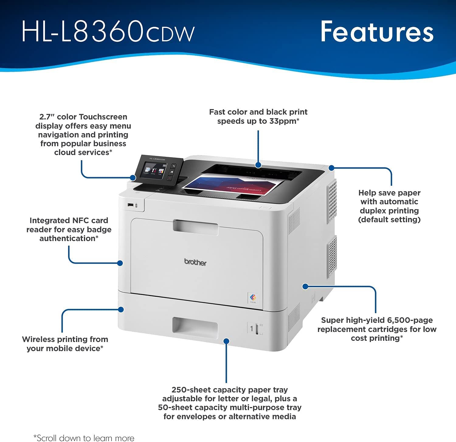 Brother HL-L8360CDW Wireless Single-Function Color Laser Printer - Print Only - USB, Ethernet, WiFi, NFC Connectivity, 2.7" Touchscreen LCD, 31 ppm, 600 x 2400 dpi, 1GB Memory, Auto Duplex Printing