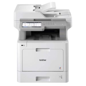 brother color mfc-l9570cdw all-in-one wireless business laser printer, white - print copy scan fax - 7" touchscreen, 33 ppm, 600 x 2400 dpi, auto duplex printing, 80-sheet adf, nfc+, usb, ethernet