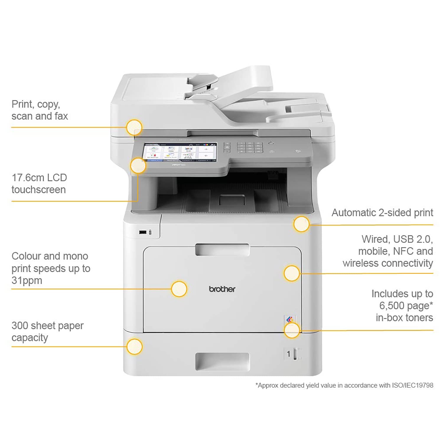 Brother Color MFC-L9570CDW All-in-One Wireless Business Laser Printer, White - Print Copy Scan Fax - 7" Touchscreen, 33 ppm, 600 x 2400 dpi, Auto Duplex Printing, 80-Sheet ADF, NFC+, USB, Ethernet