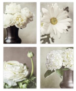 lisa russo fine art - nature wall art - botanical flower wall decor pictures - shabby chic style - set of 4 - not framed - ivory, tan, beige (4 small 5x7 prints only)